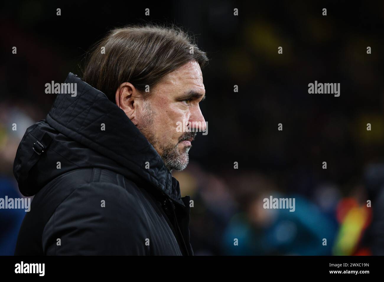 WATFORD, UK - 29th Mar 2024: Leeds United manager Daniel Farke looks on ...
