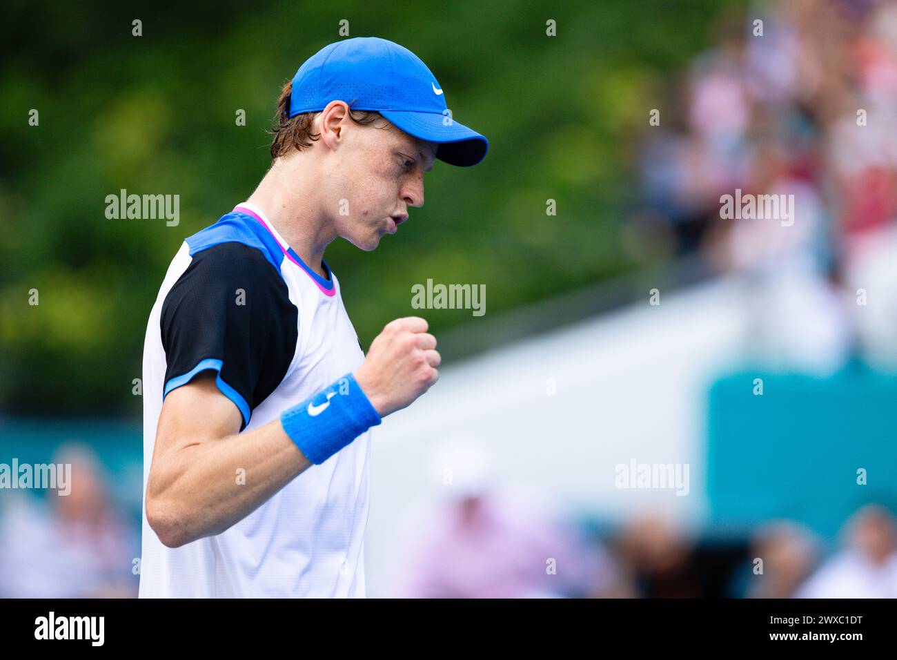 MIAMI GARDENS, FLORIDA - MARCH 29: Jannik Sinner of Italy reacts after defeating Daniil Medvedev ...