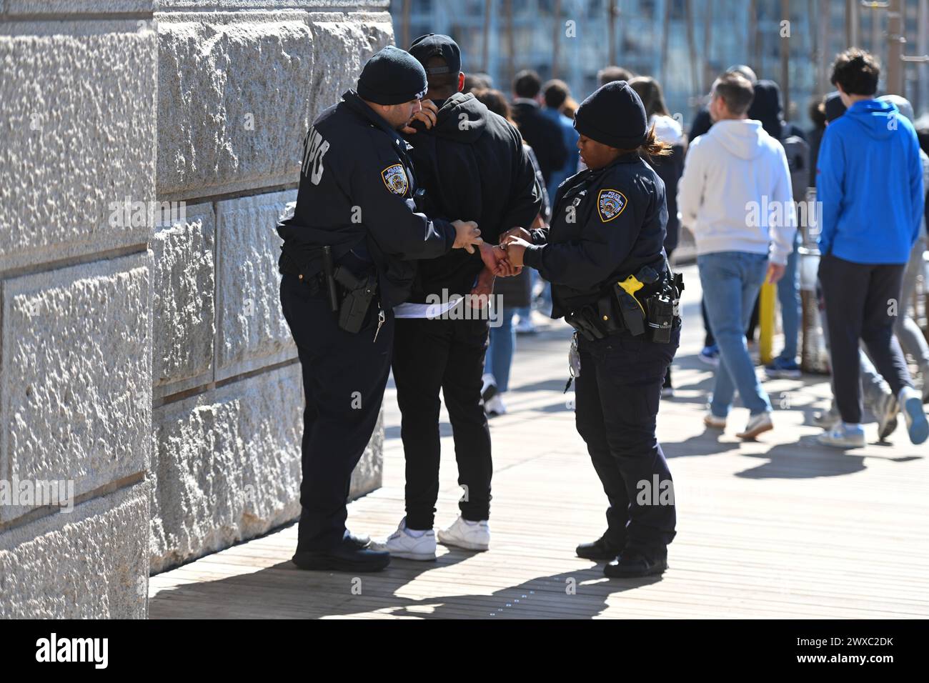 Police officers arrest an emotionally disturbed person on the Brooklyn ...