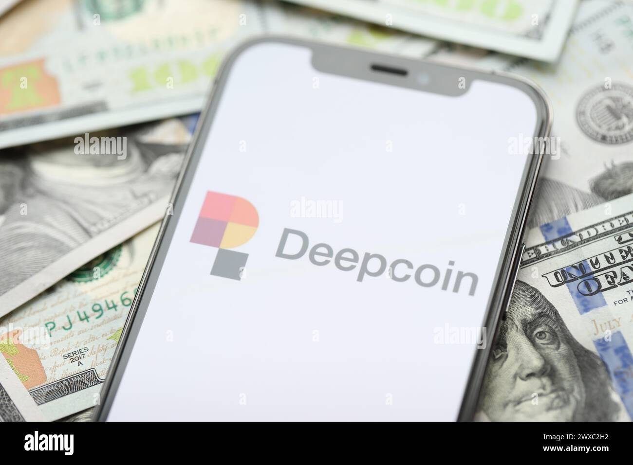 KYIV, UKRAINE - MARCH 15, 2024 Deepcoin logo on iPhone display screen ...