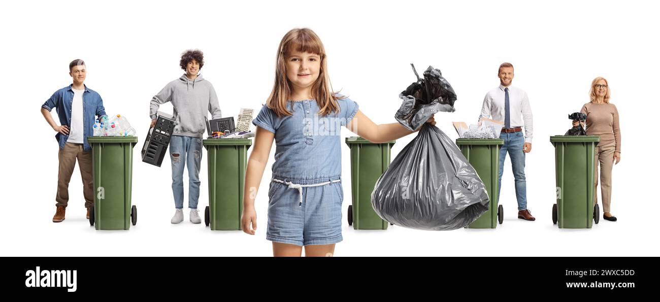Little girl with a waste bag and people standing next to trash cans ...