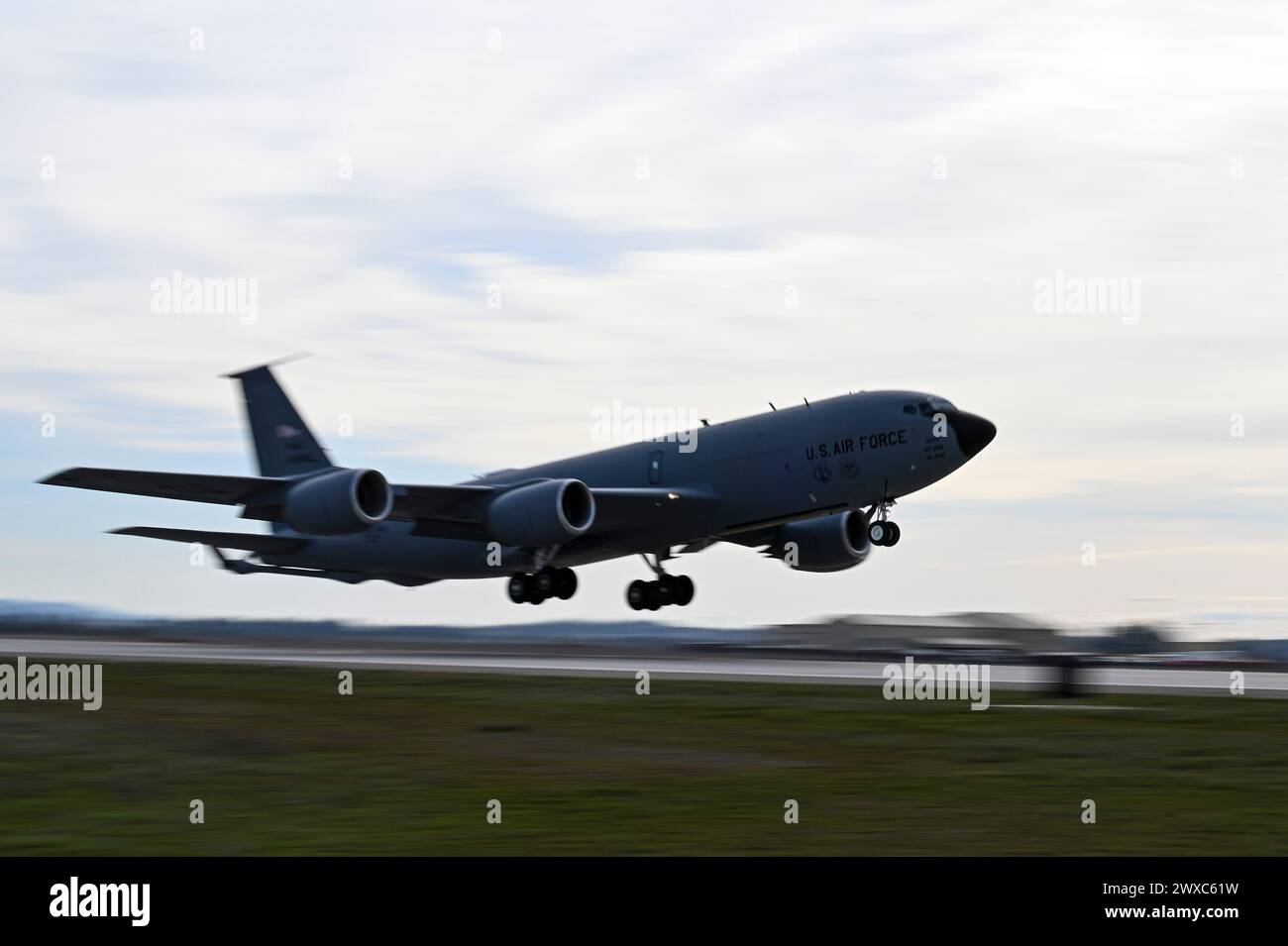 A KC-135 Stratotanker takes off from the runway during exercise Titan Fury 24-2 at Fairchild Air ...