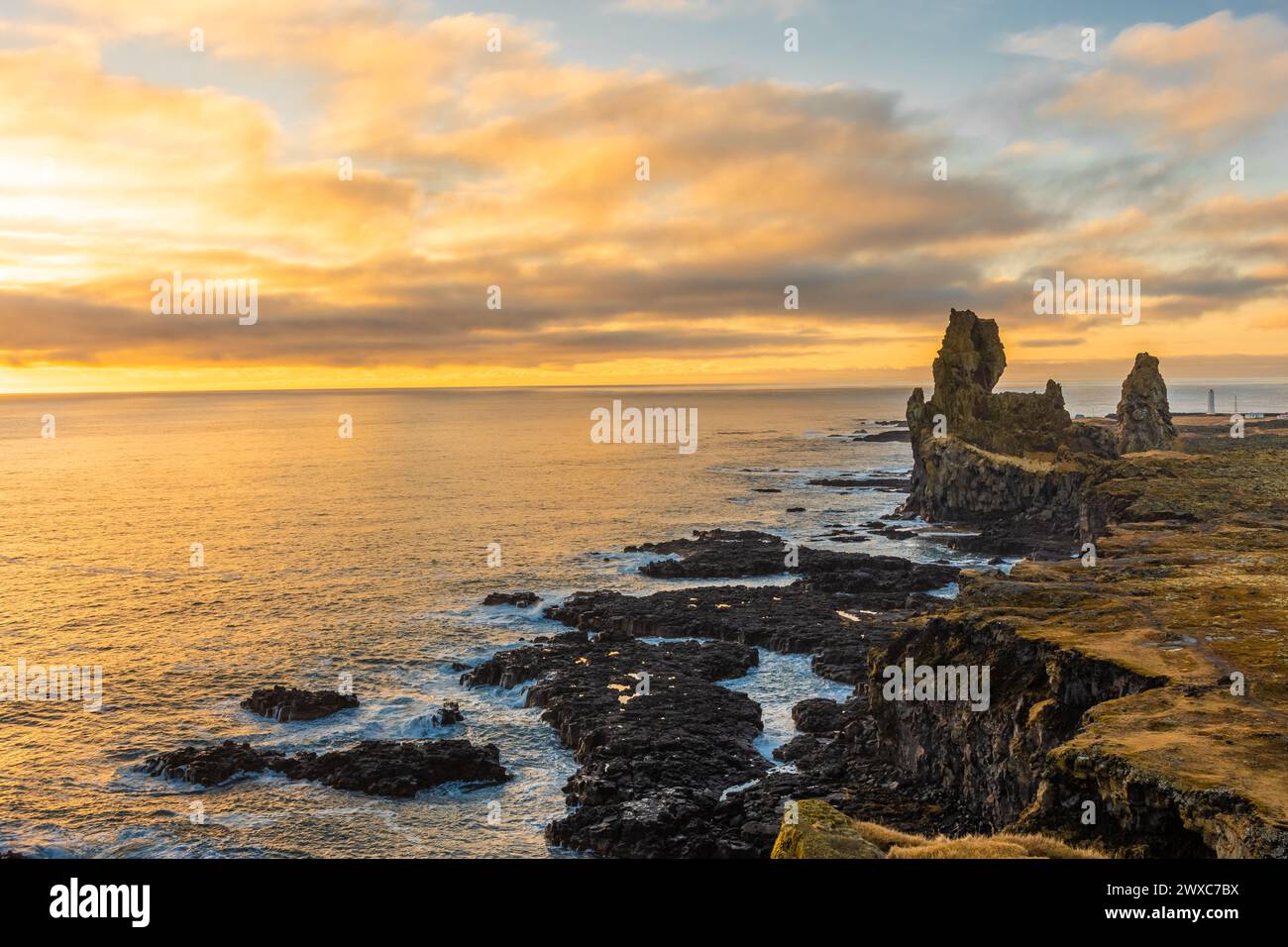 Volcanic cliffs of Londrangar over the Atlantic Ocean, Snaefellsnes ...