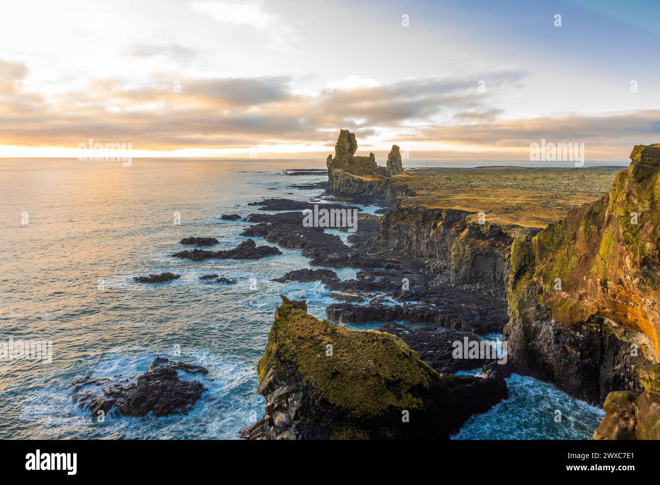 Volcanic cliffs of Londrangar over the Atlantic Ocean, Snaefellsnes ...