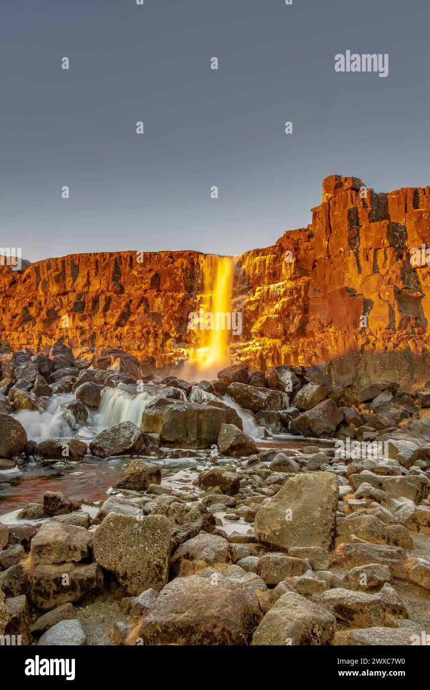 Landscape of Oxararfoss waterfall in Thingvellir National Park, Iceland ...