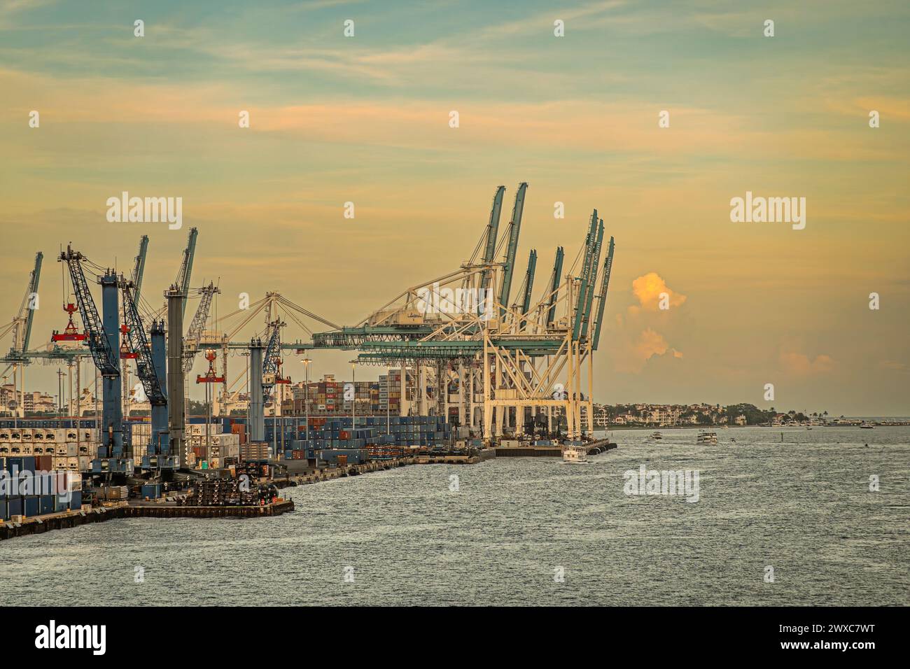 Miami, Florida, USA - July 29, 2023: The cranes of container terminal ...