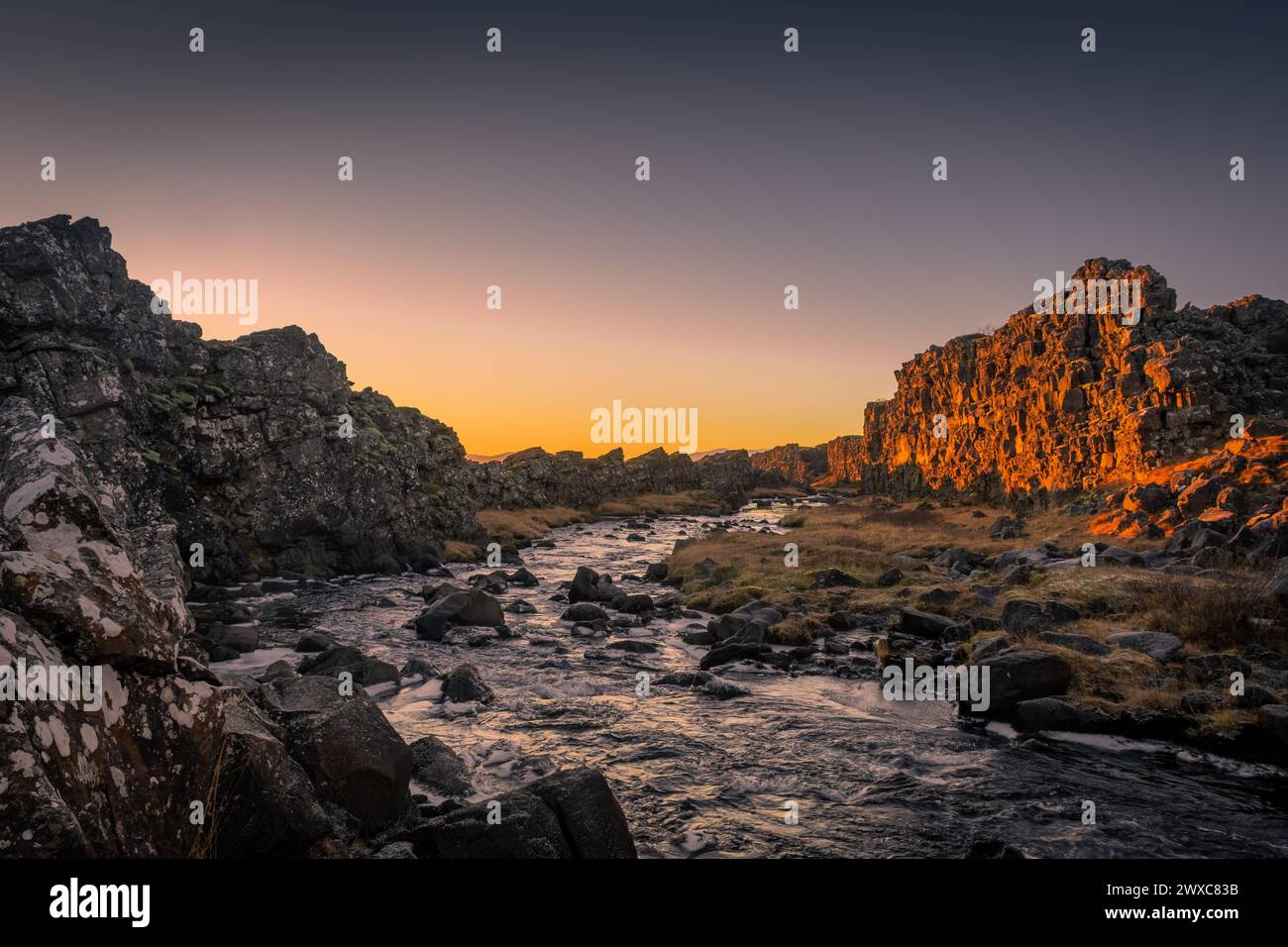 River flowing near the continental divide at Thingvellir, Iceland Stock ...