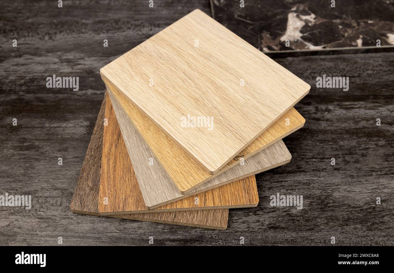 MDF samples. Wooden design background. Concept for designers Stock ...