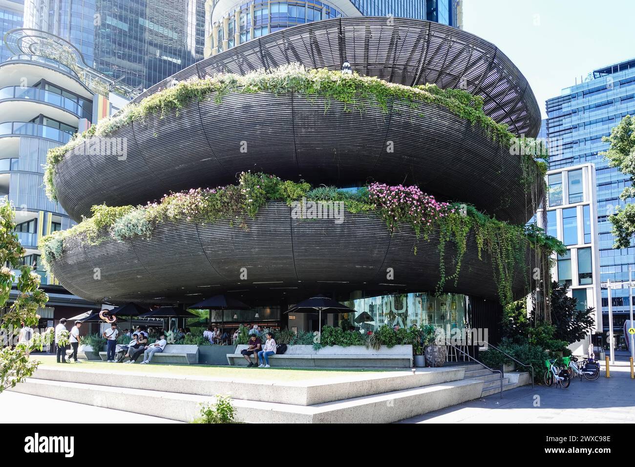Barangaroo House exterior, with a steam-bent charred timber facade ...