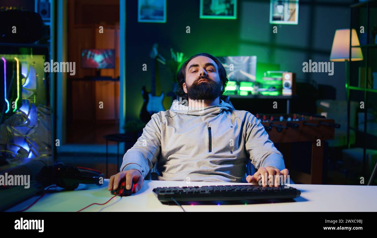 Lazy man binging videogames at home all day, feeling lifeless and ...