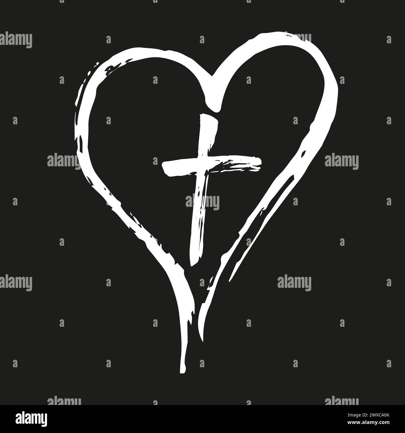 Christian white cross and heart drawn by brush, isolated symbols on a ...