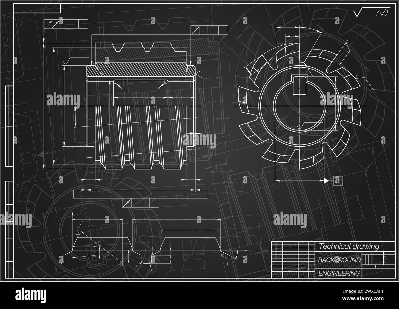 Mechanical engineering drawings on black background. Cutting tools ...