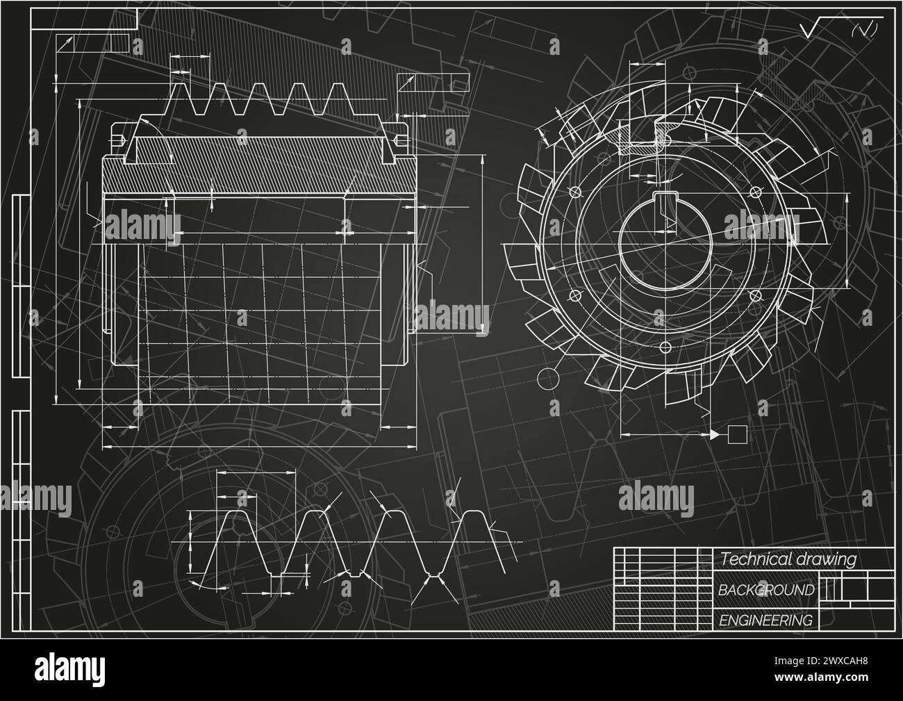 Mechanical engineering drawings on black background. Cutting tools ...