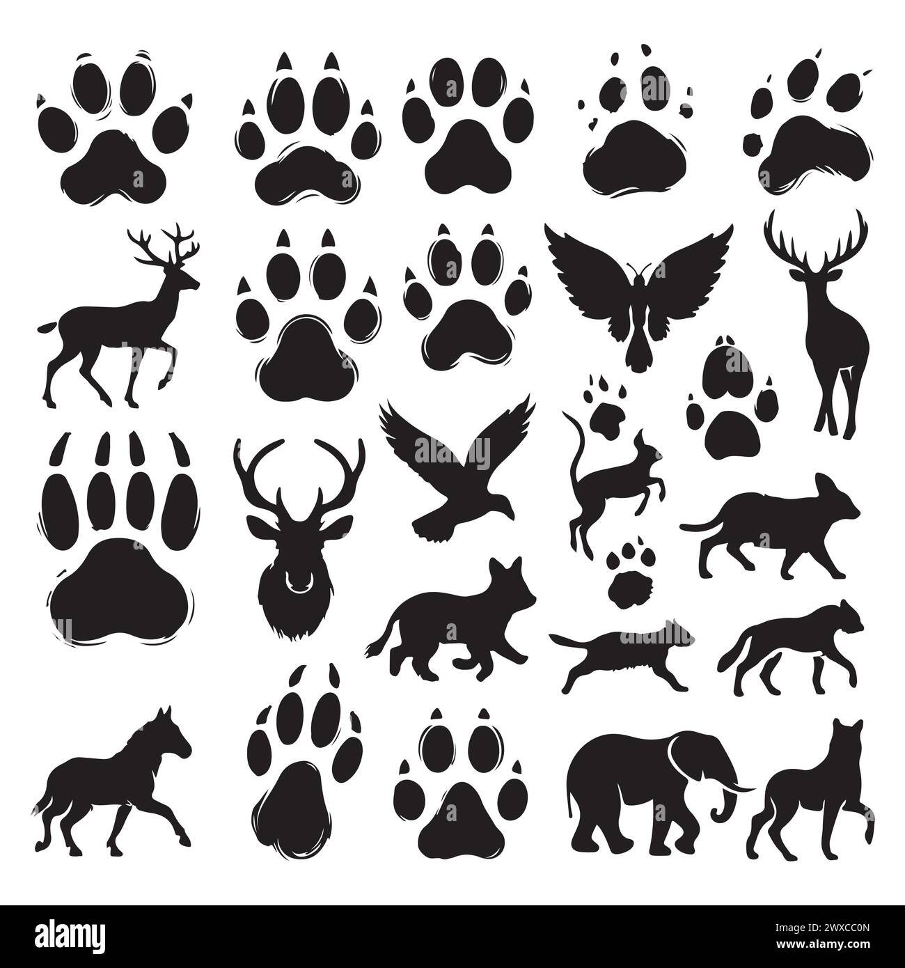Silhouette set of different animals and their footprint Stock Vector ...