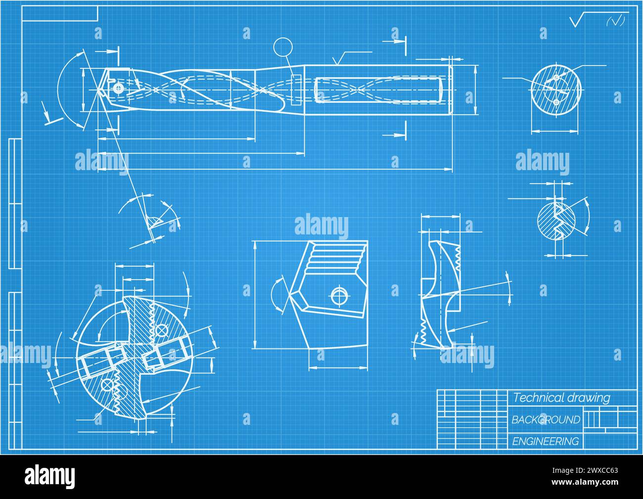 Mechanical engineering drawings on blue background. Drill tools, borer ...