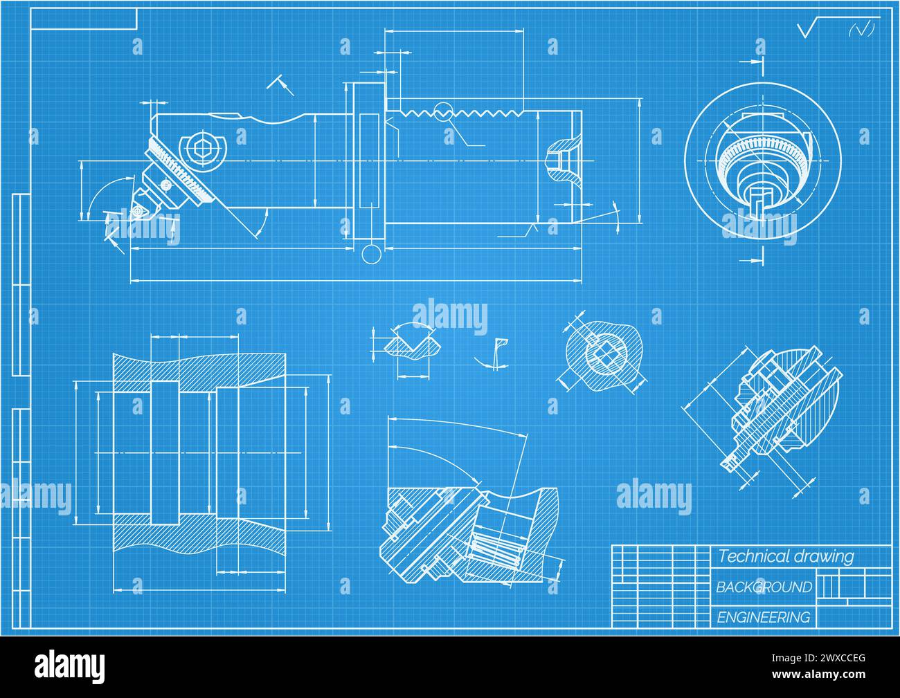 Mechanical engineering drawings on blue background. Boring bar with ...