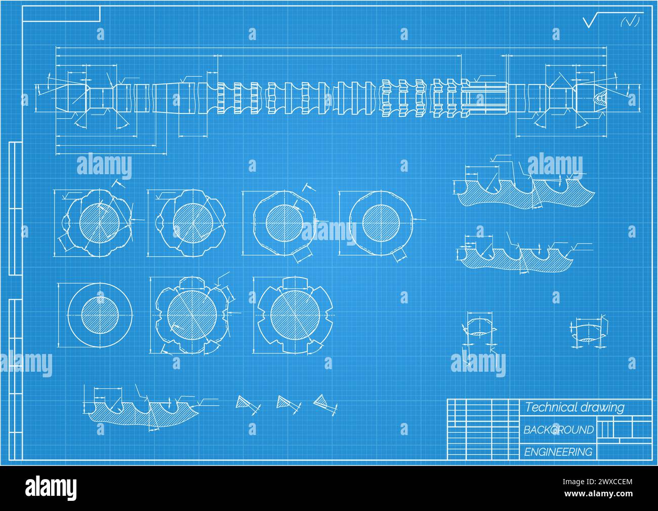 Mechanical engineering drawings on blue background. Broach. Technical ...