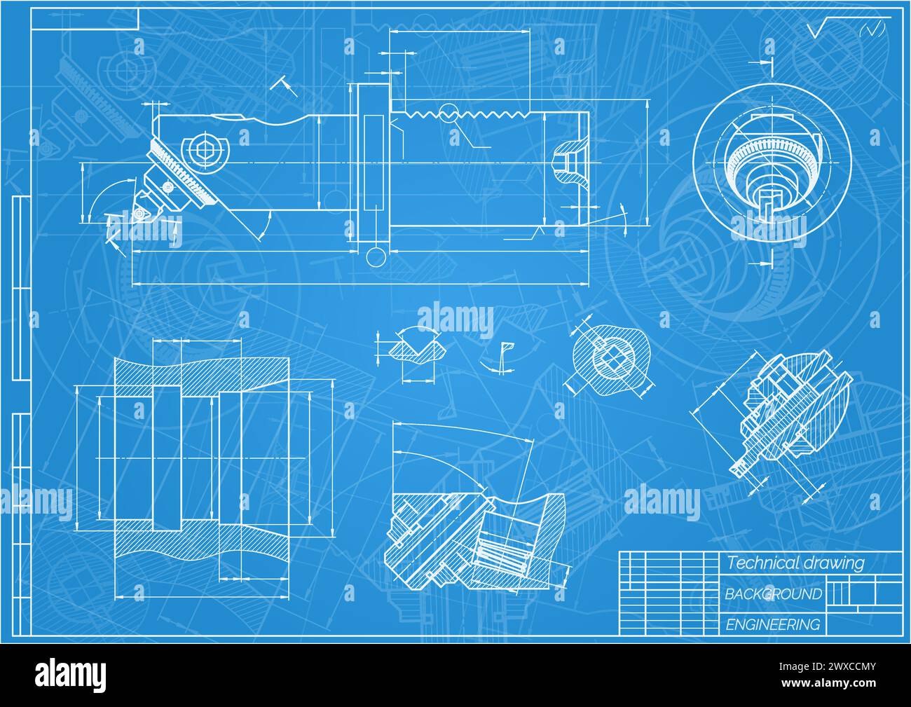 Mechanical engineering drawings on blue background. Boring bar with ...