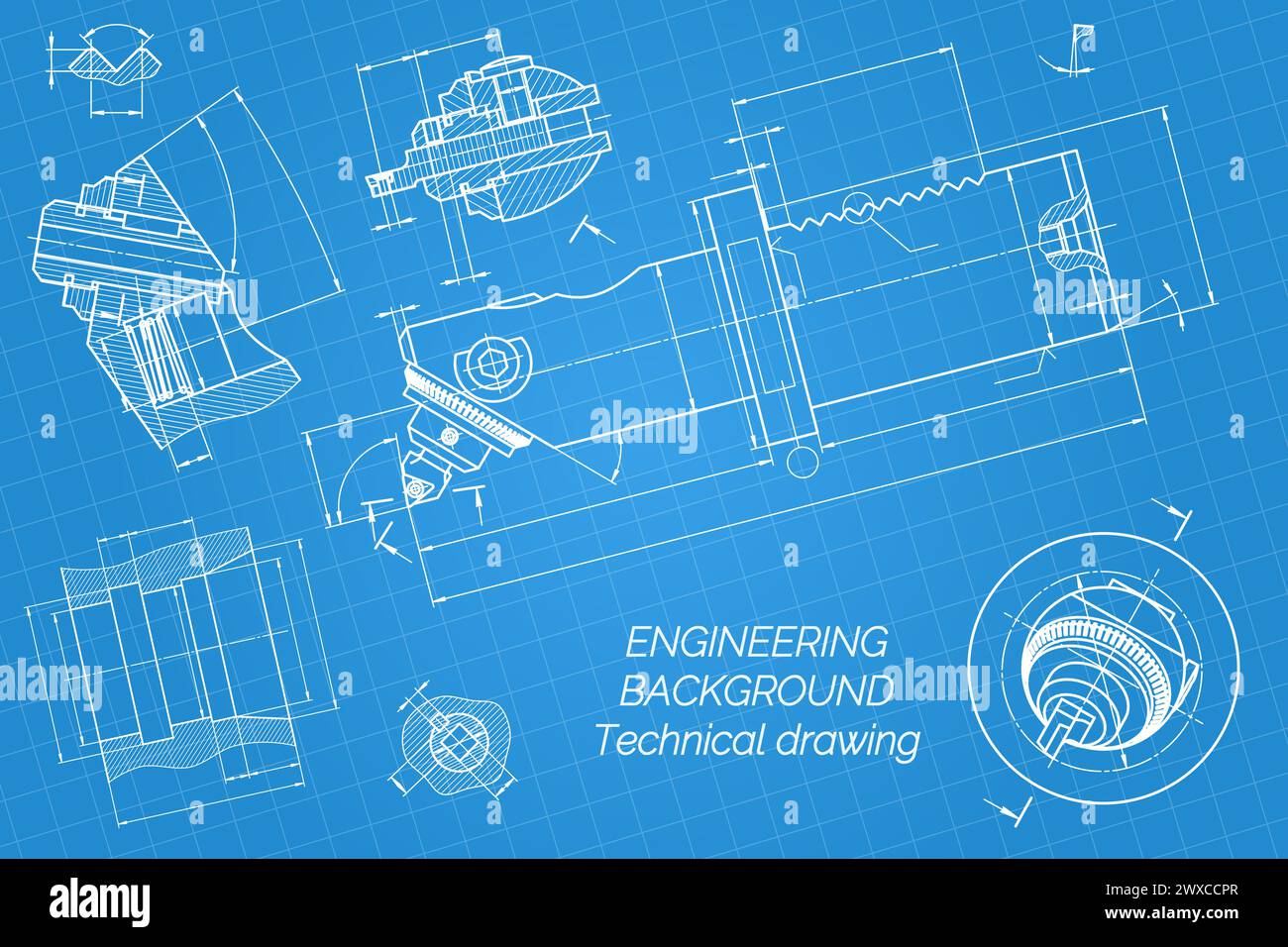 Mechanical engineering drawings on blue background. Boring bar with ...