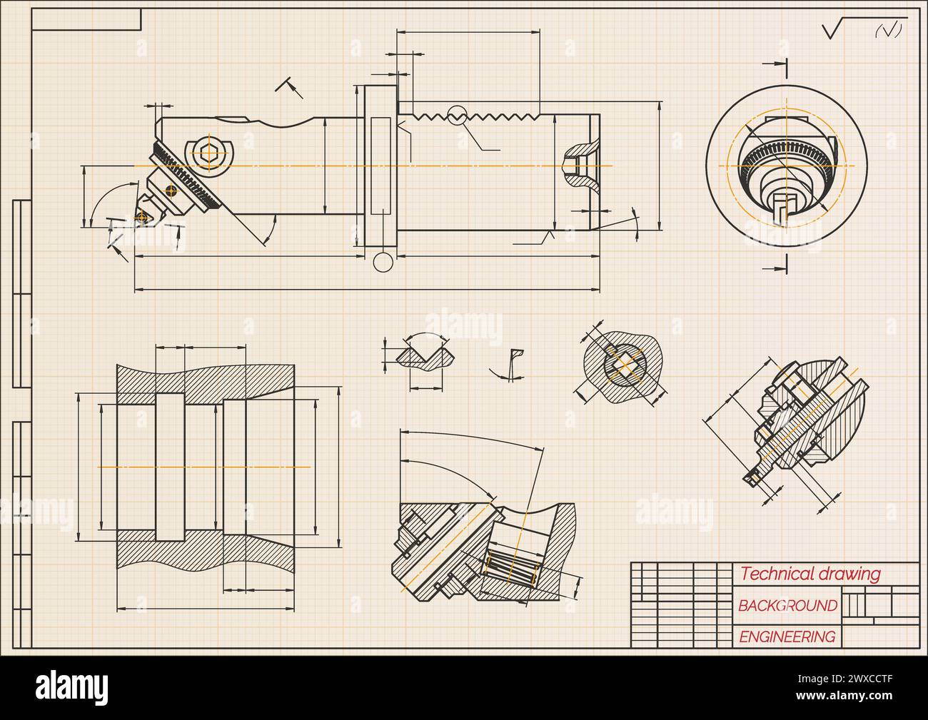 Mechanical engineering drawings on blue background. Boring bar with ...