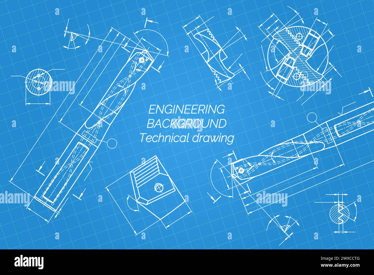 Mechanical engineering drawings on blue background. Drill tools, borer ...