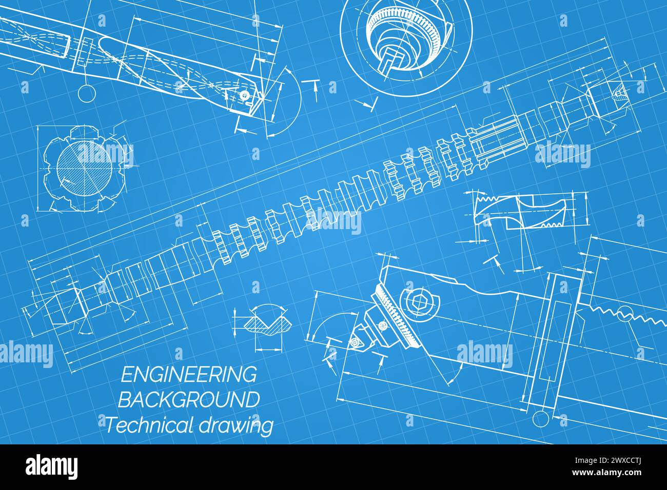 Mechanical engineering drawings on blue background. Drill tools, borer ...