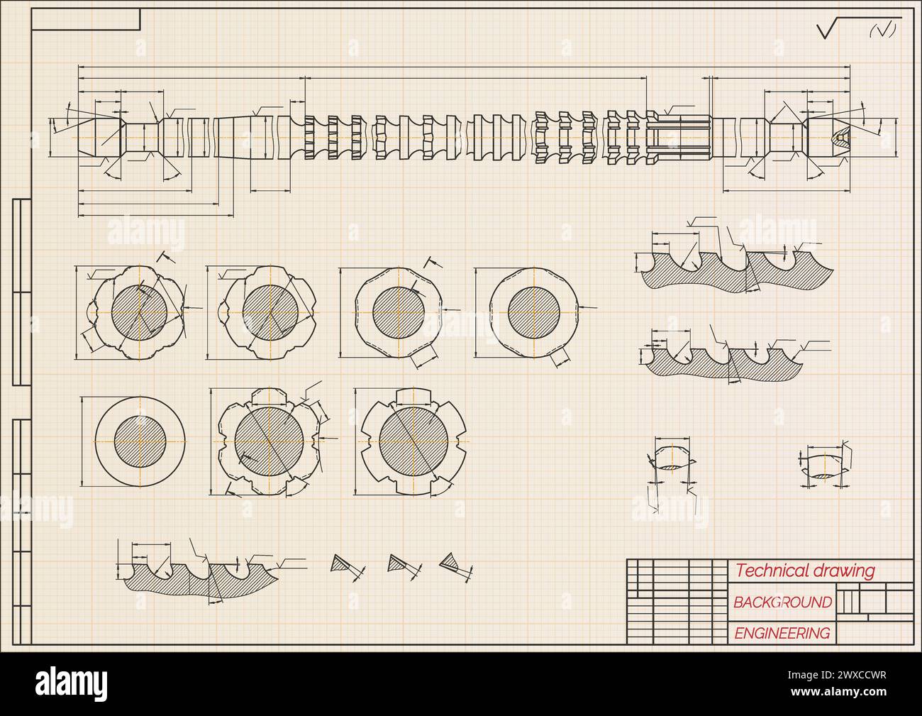 Mechanical engineering drawings on blue background. Broach. Technical ...