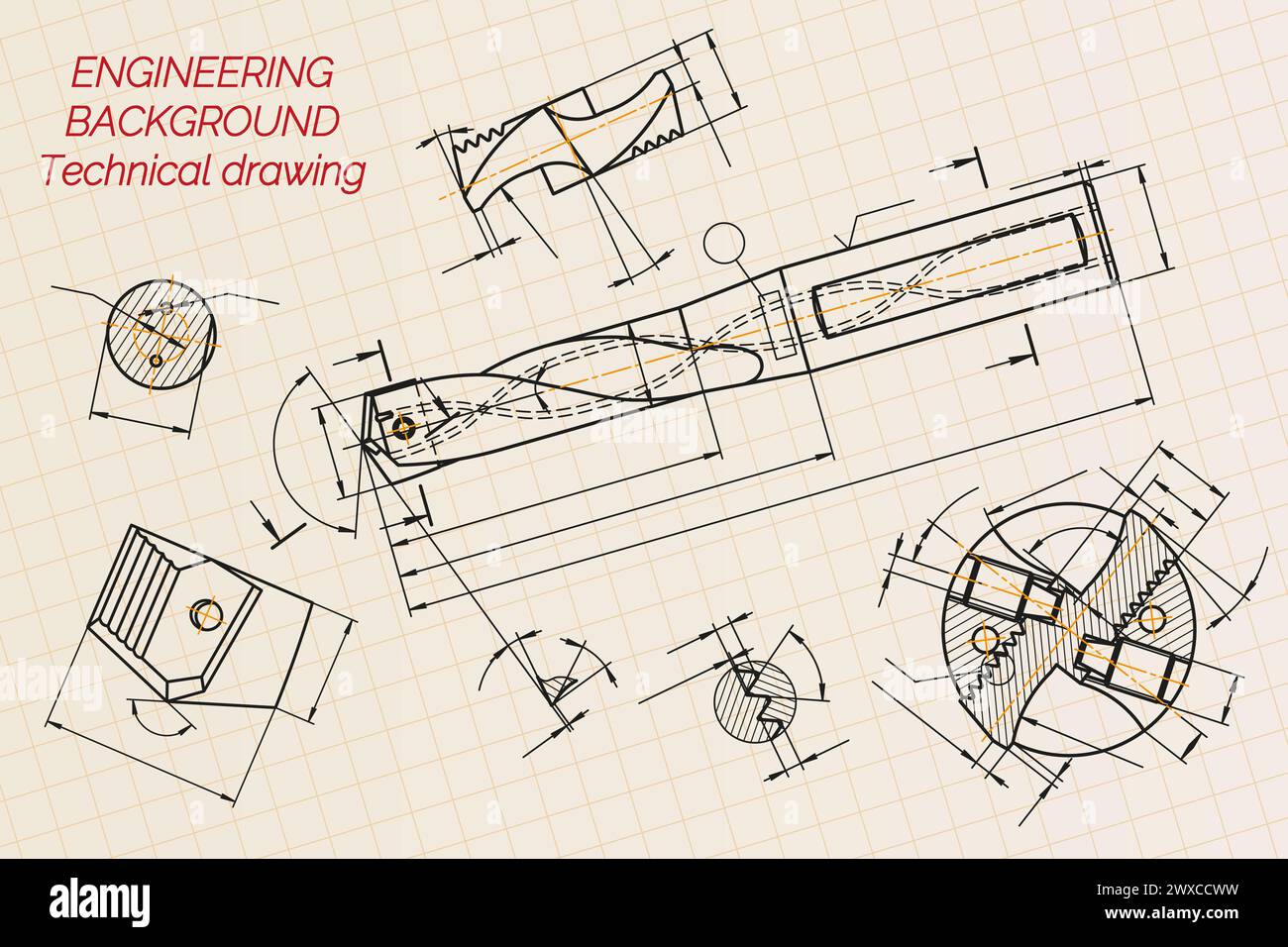 Mechanical engineering drawings on blue background. Drill tools, borer ...