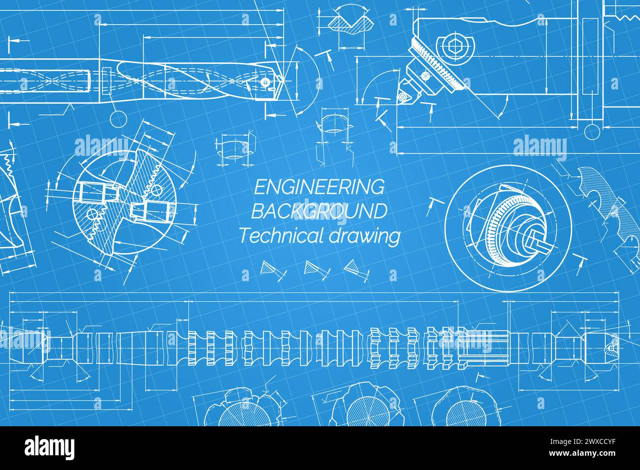 Mechanical engineering drawings on blue background. Drill tools, borer ...