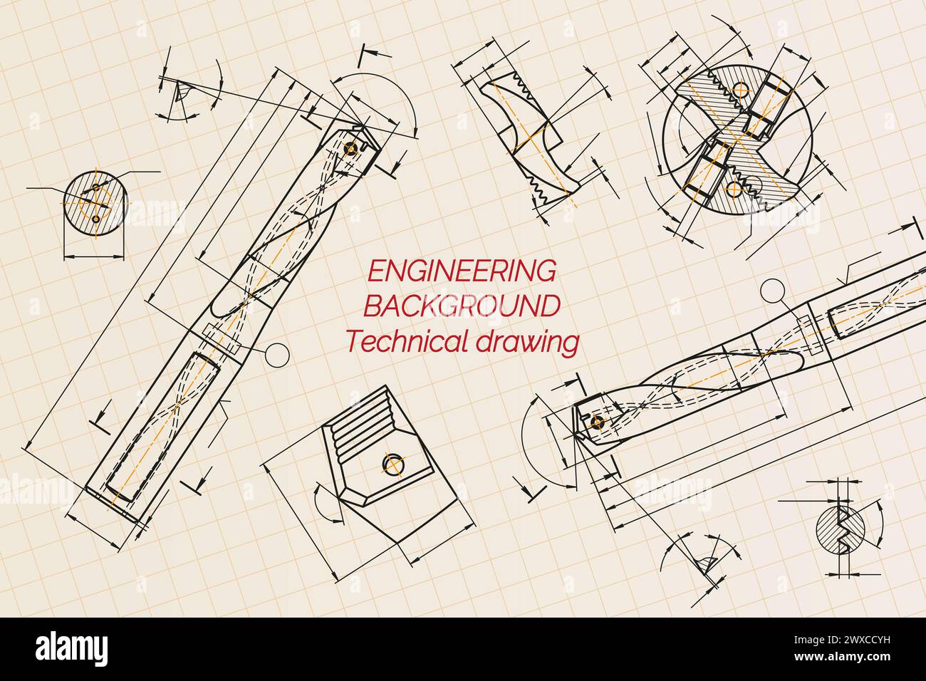 Mechanical engineering drawings on blue background. Drill tools, borer ...