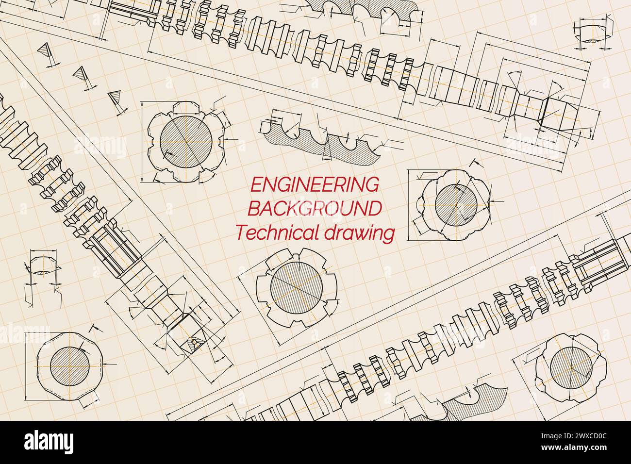 Mechanical engineering drawings on blue background. Broach. Technical ...