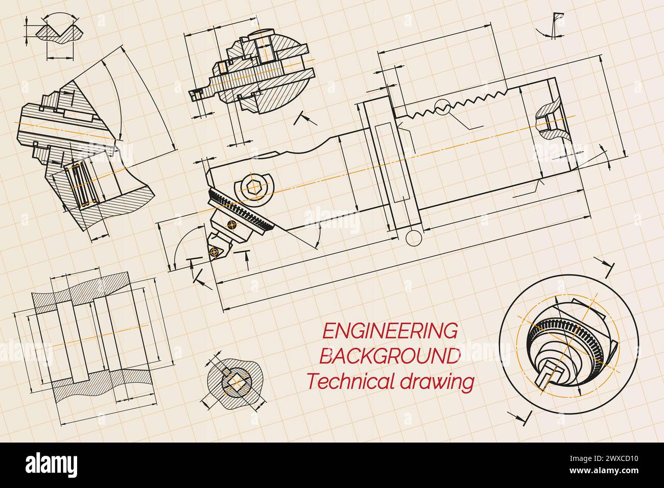 Mechanical engineering drawings on blue background. Boring bar with ...