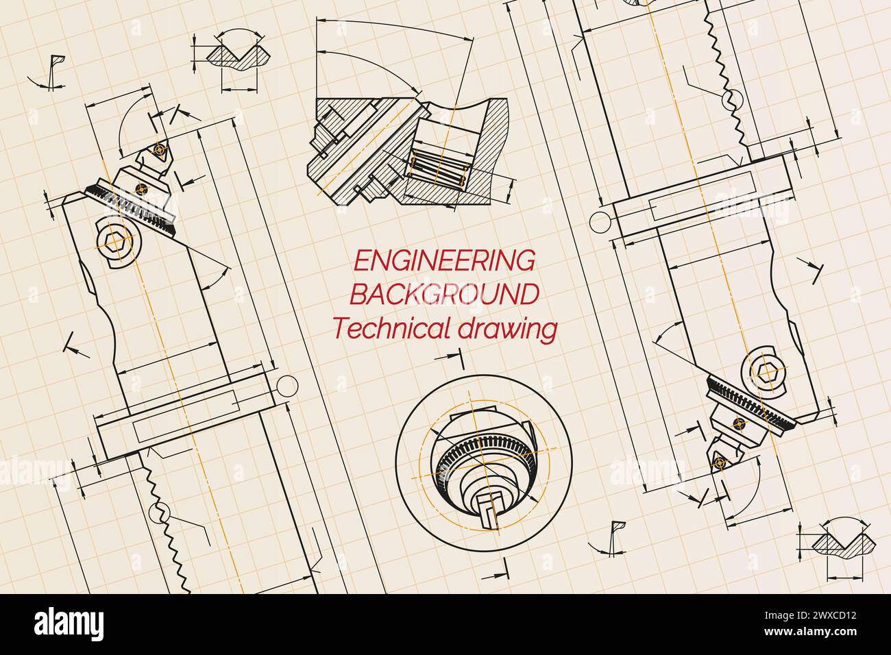 Mechanical engineering drawings on blue background. Boring bar with ...
