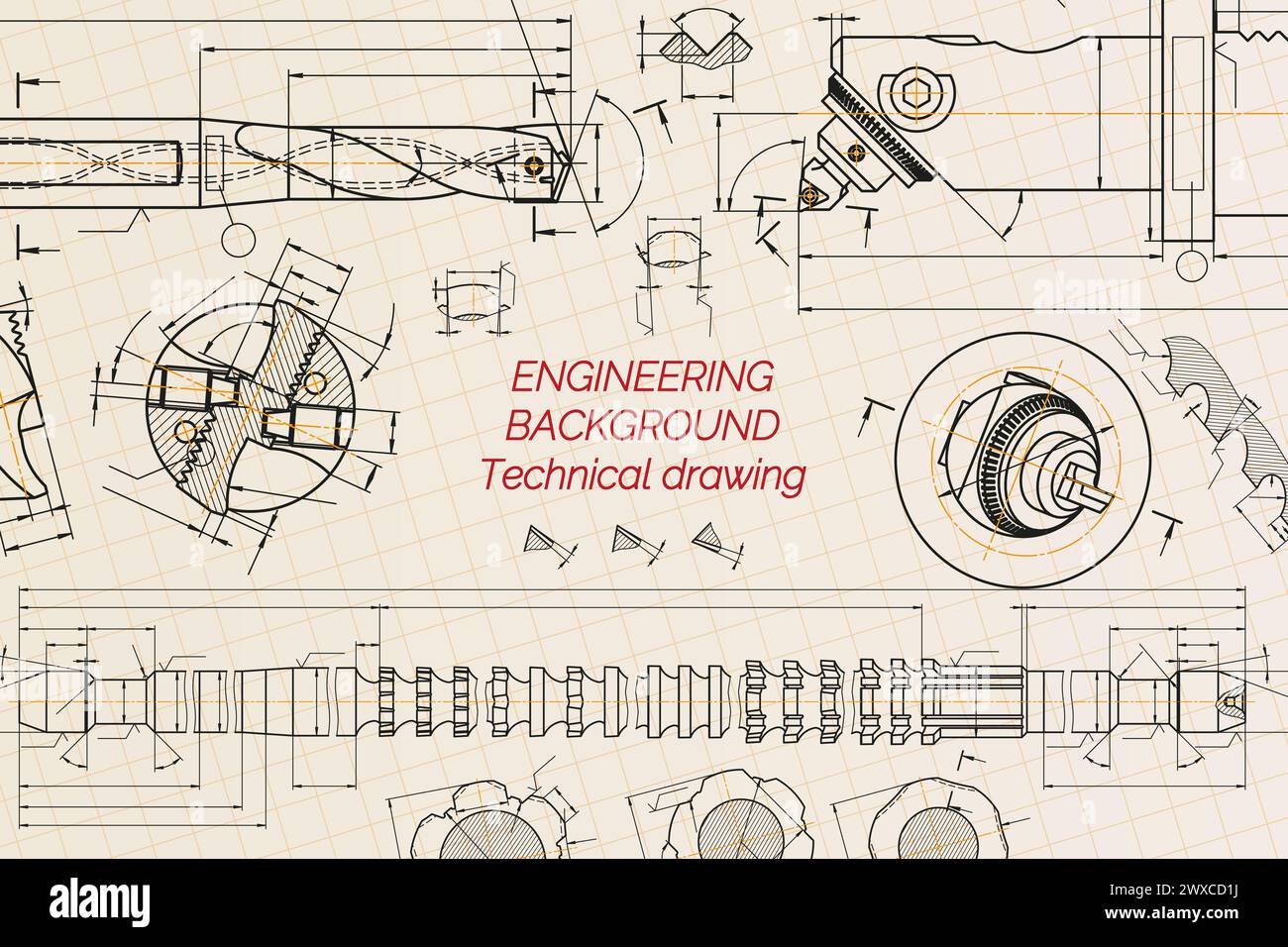 Mechanical engineering drawings on blue background. Drill tools, borer ...