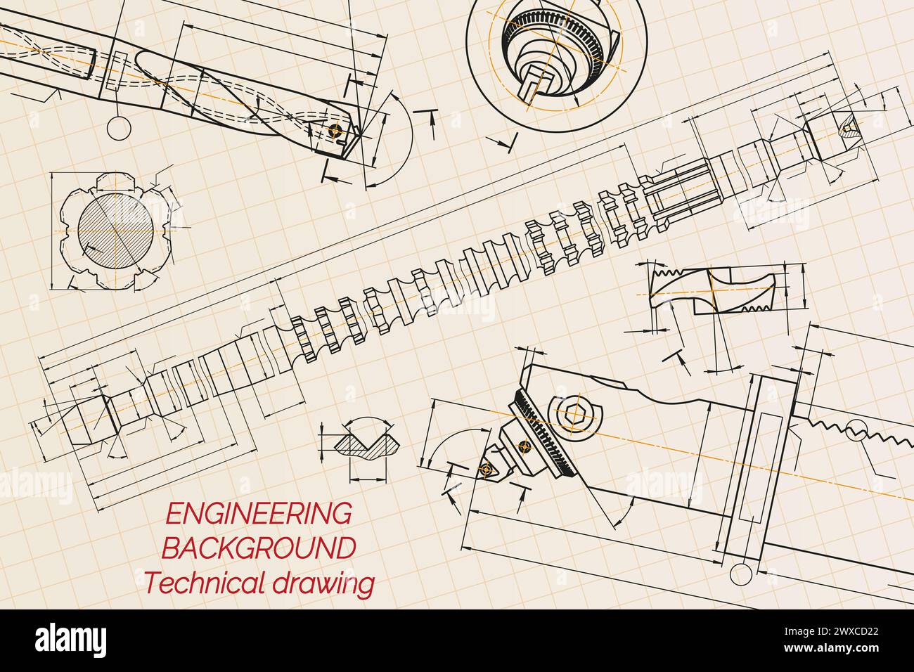 Mechanical engineering drawings on blue background. Drill tools, borer ...