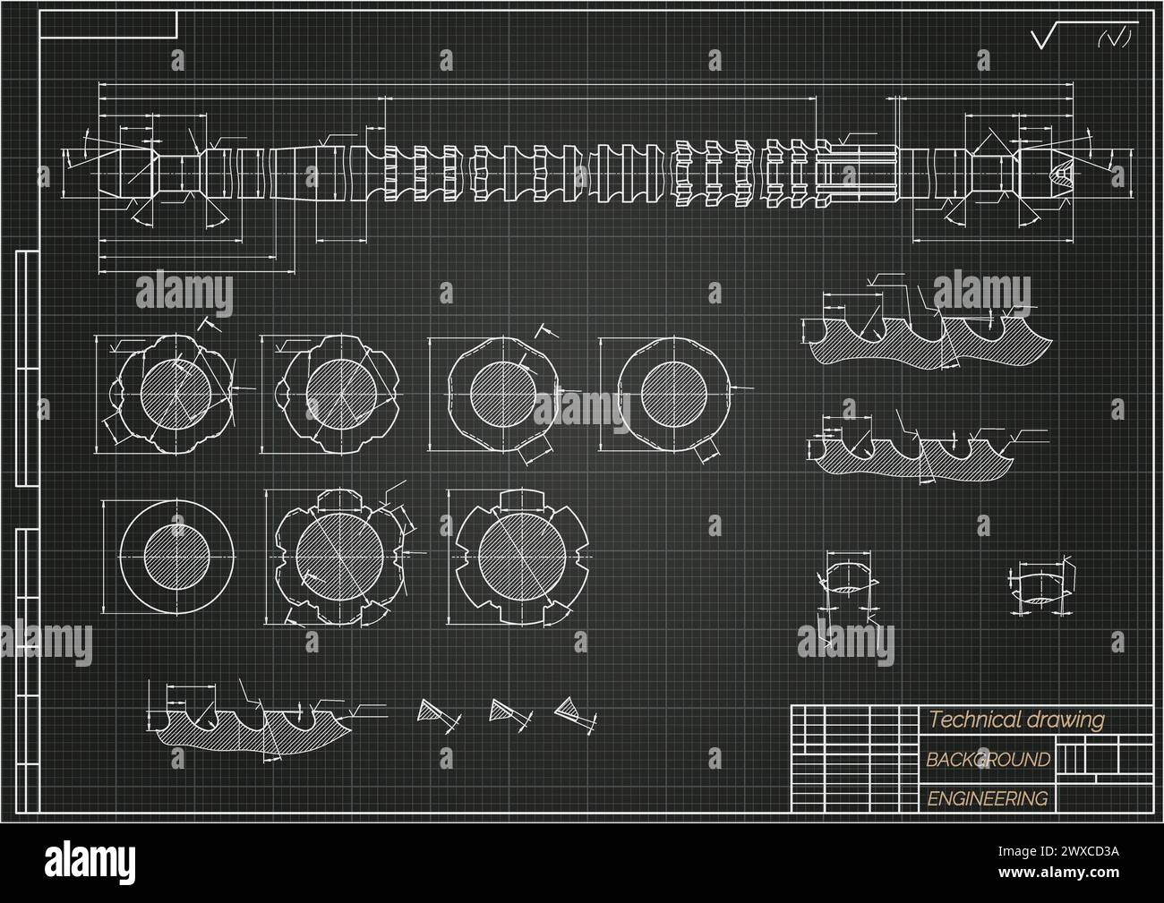 Mechanical engineering drawings on blue background. Broach. Technical ...