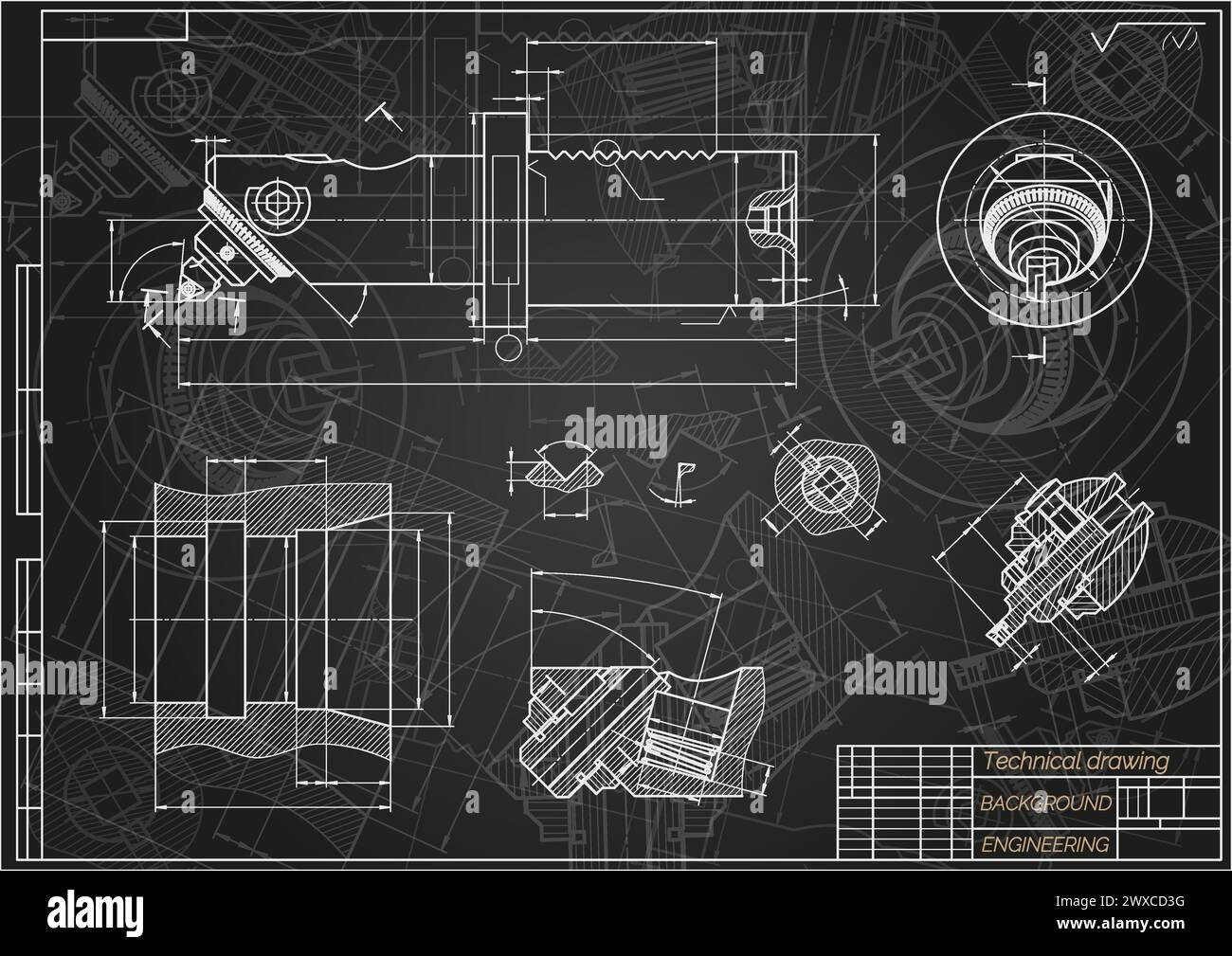 Mechanical engineering drawings on blue background. Boring bar with ...