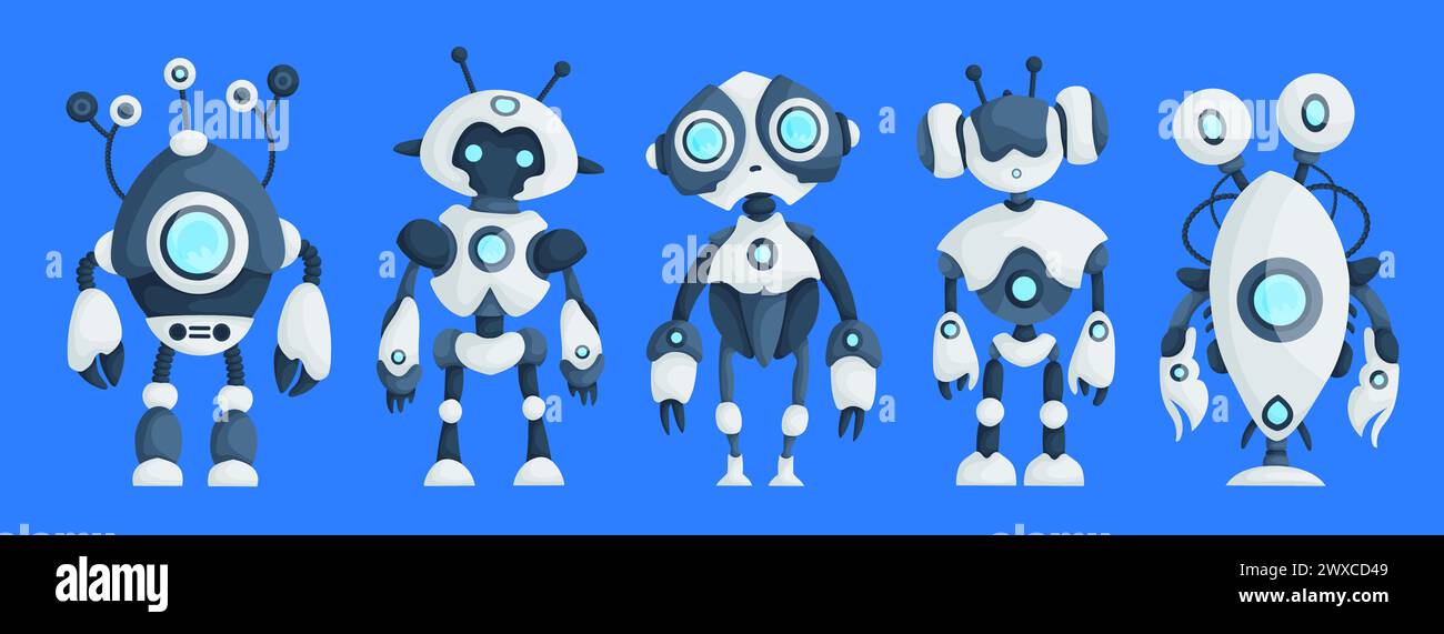 Set of Five Modern Robots Isolated on Blue Background Cute Character Cartoon Artificial ...