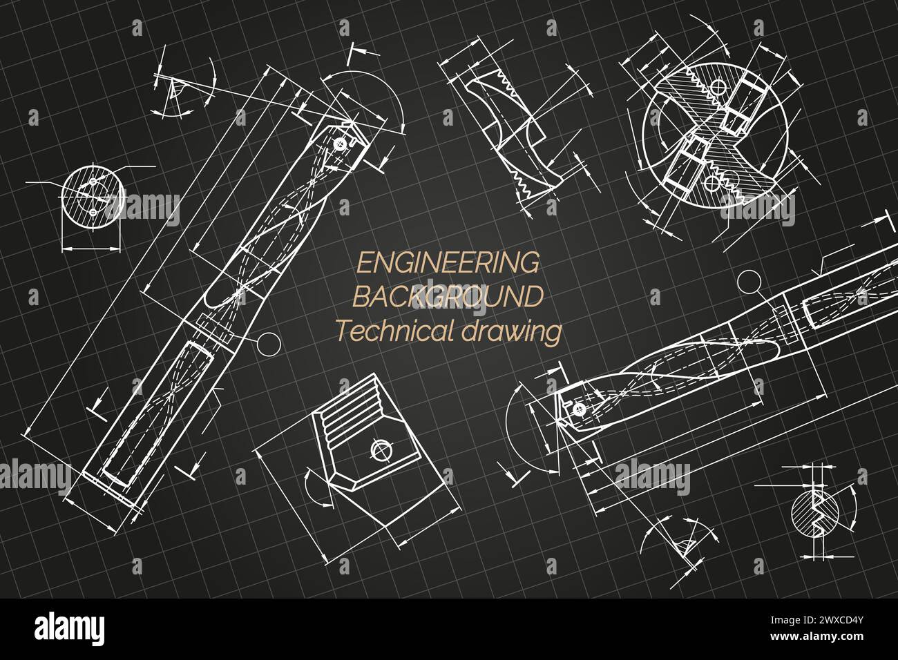 Mechanical engineering drawings on blue background. Drill tools, borer ...