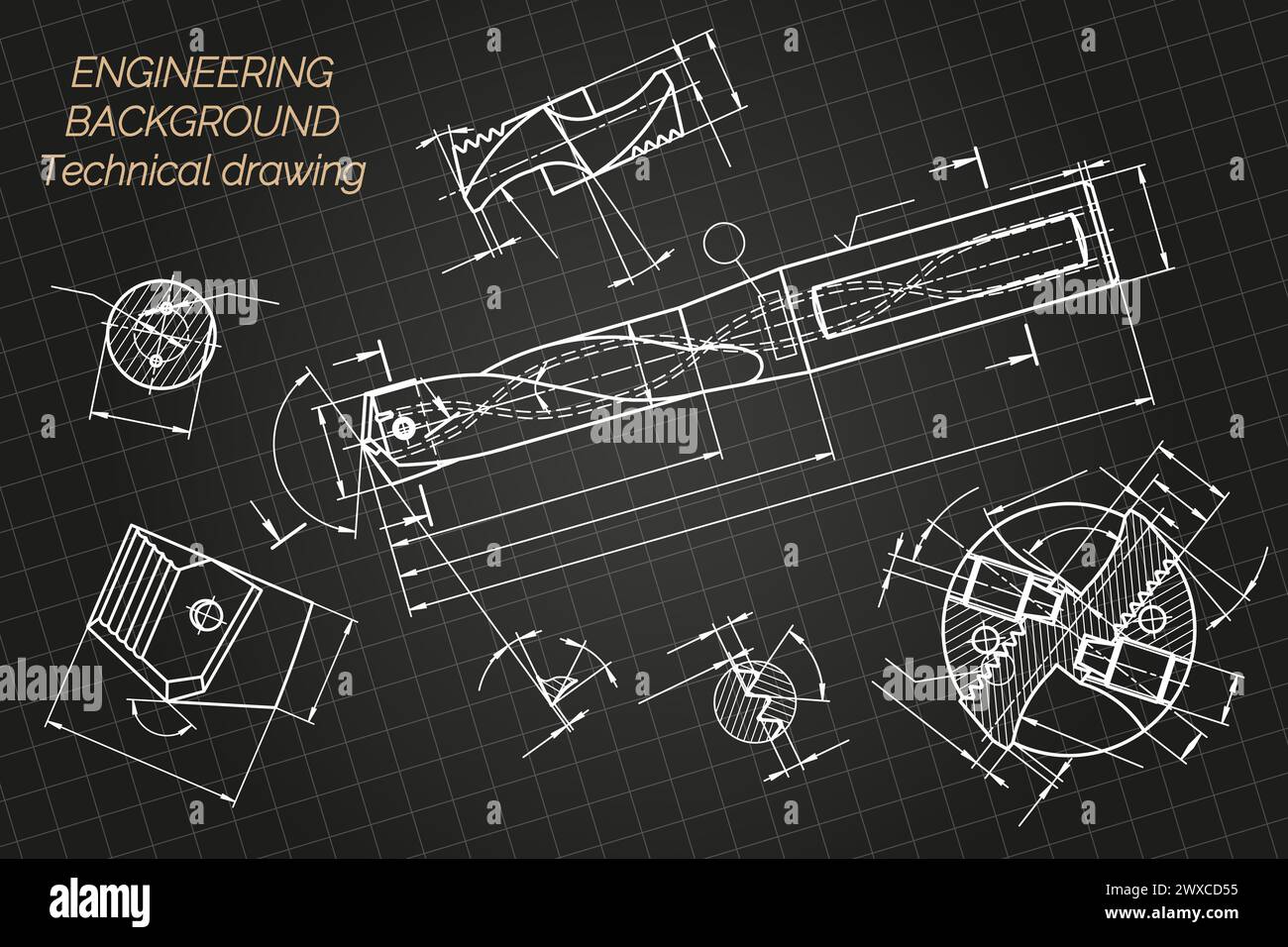 Mechanical engineering drawings on blue background. Drill tools, borer ...