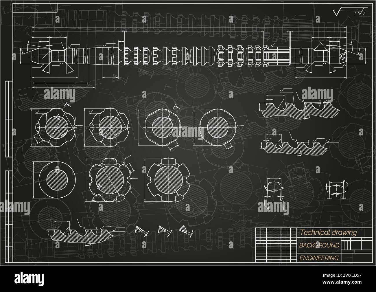 Mechanical engineering drawings on blue background. Broach. Technical ...