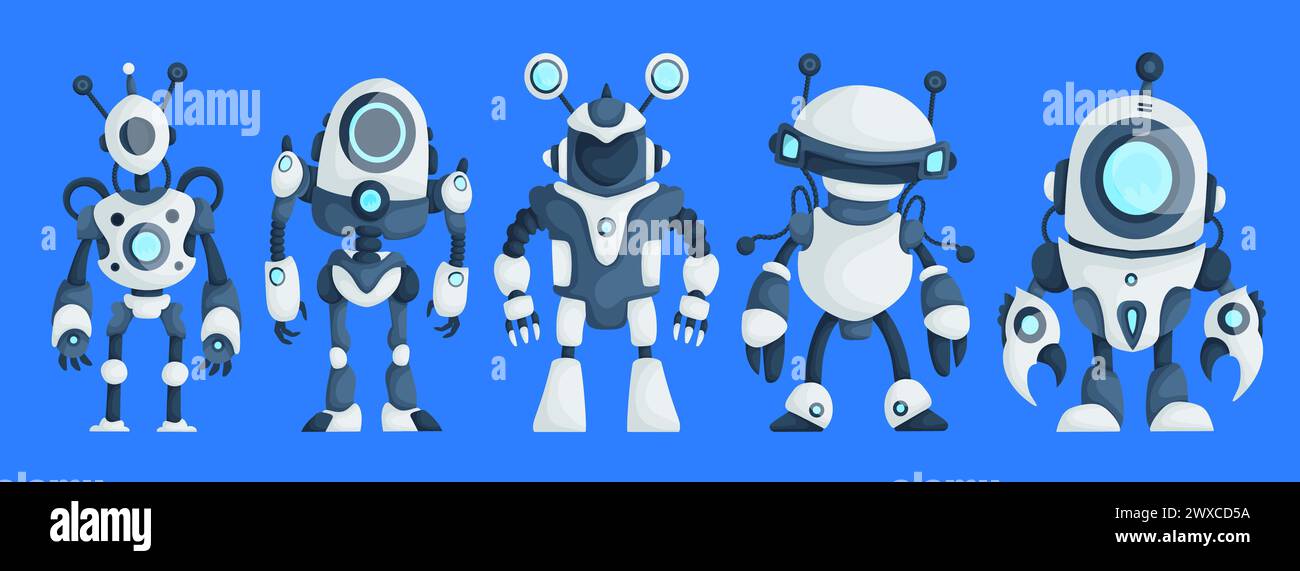 Set of Five Modern Robots Isolated on Blue Background Cute Character Cartoon Artificial ...
