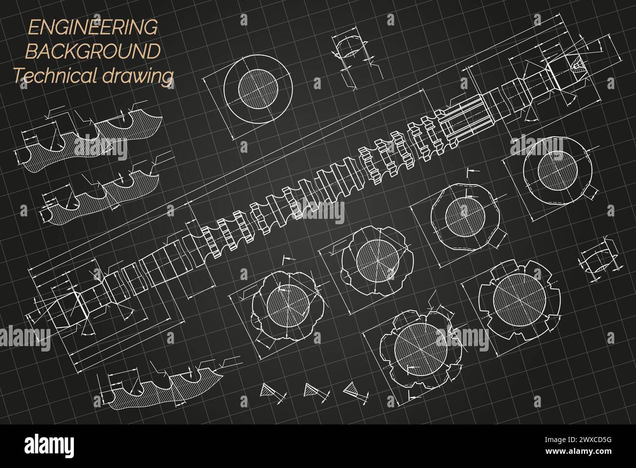 Mechanical engineering drawings on blue background. Broach. Technical ...