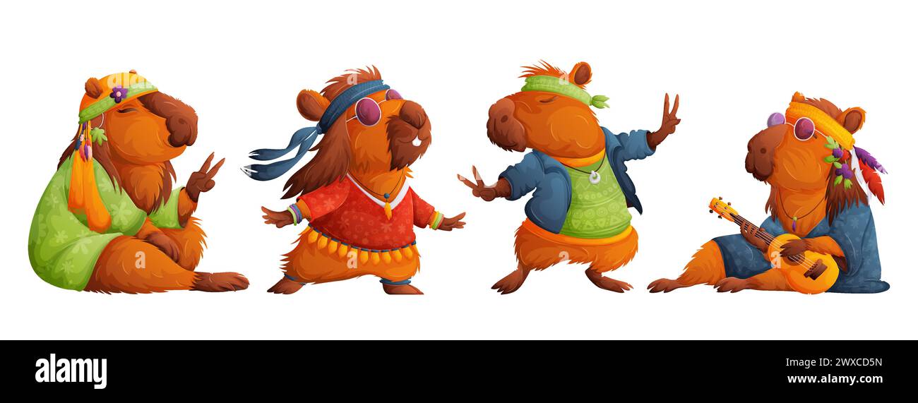 Set of peaceful hippie capybaras. Calm capybara in bright hippie ...