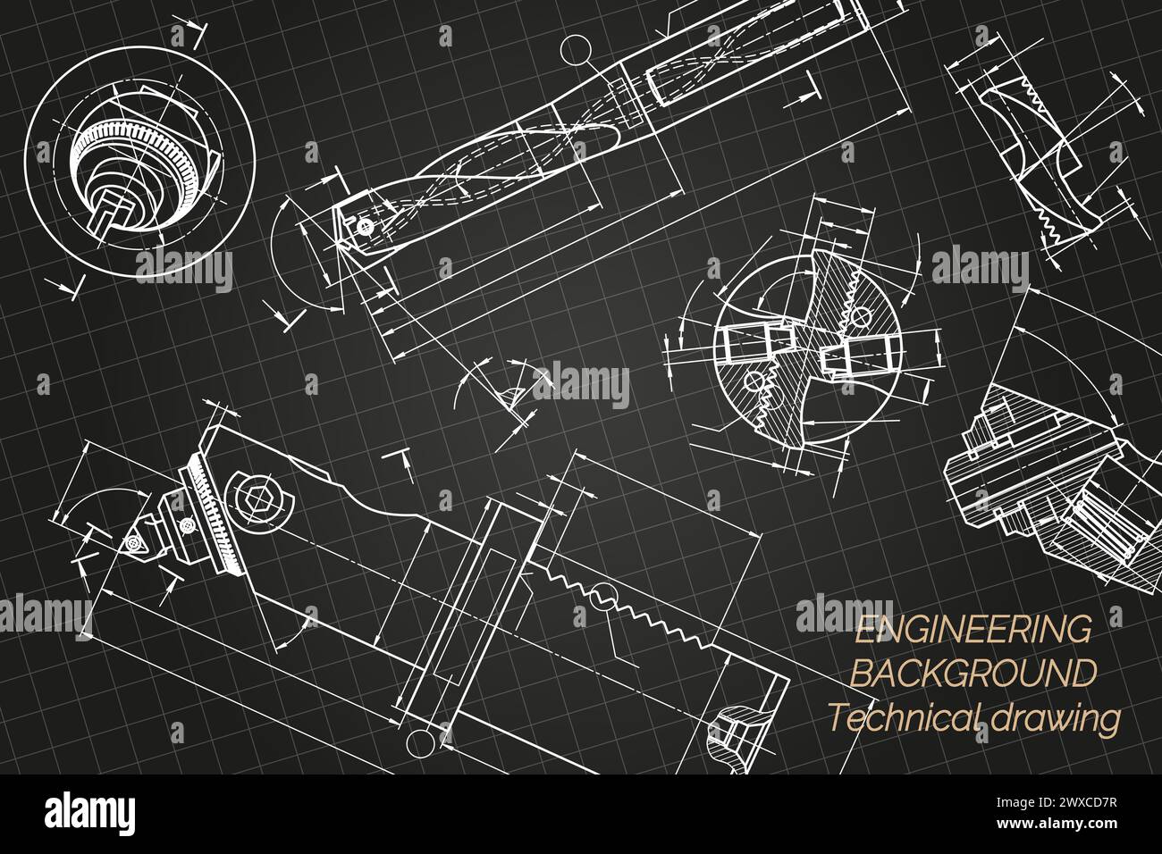 Mechanical engineering drawings on blue background. Drill tools, borer ...