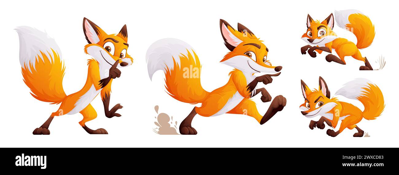 A set of four cunning but cute foxes. Adult foxes in dynamic poses ...