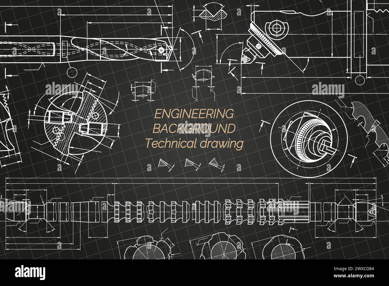 Mechanical engineering drawings on blue background. Drill tools, borer ...