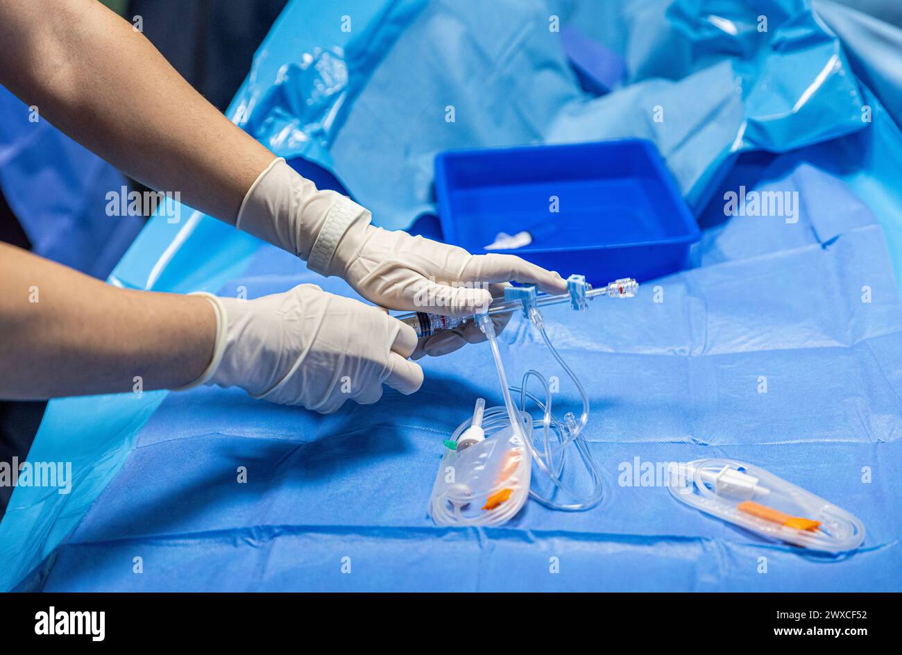 The procedure of inserting a double lumen catheter into a patient with ...