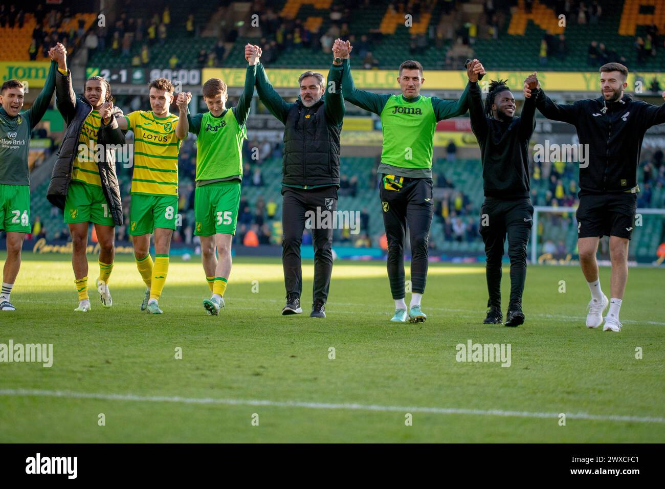 Norwich City players celebrating with Norwich City Manager David Wagner ...