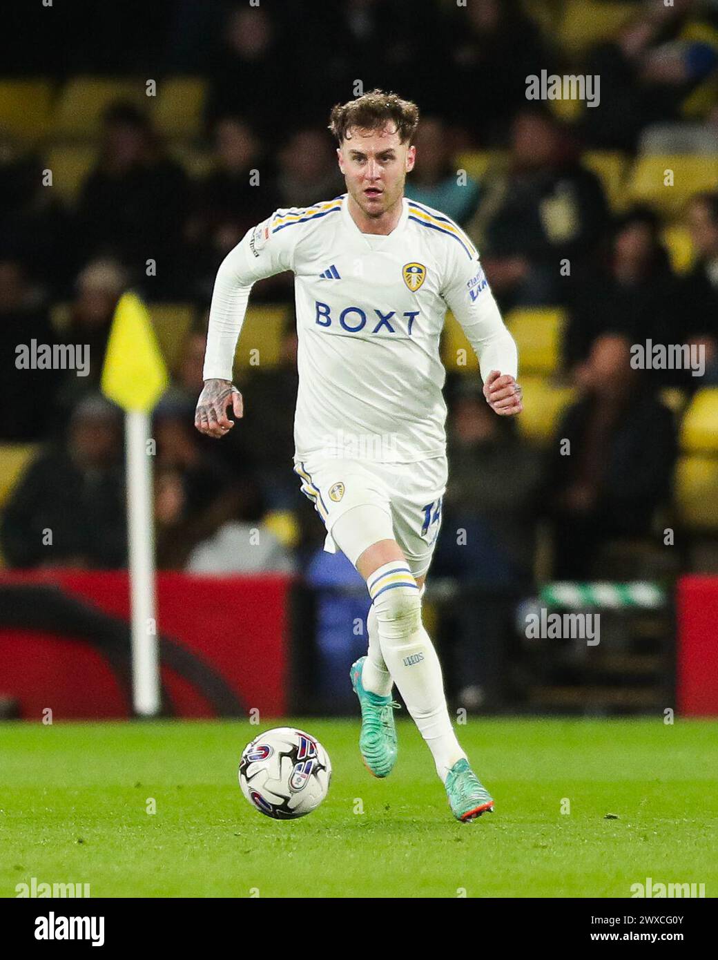 Watford, UK. 29th Mar, 2024. Leeds United's Joe Rodon in action during ...